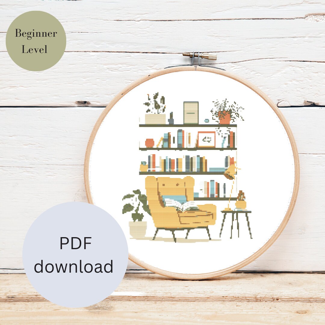 Midcentury Living Room With Library Cross Stitch Pattern, Full Cover ...