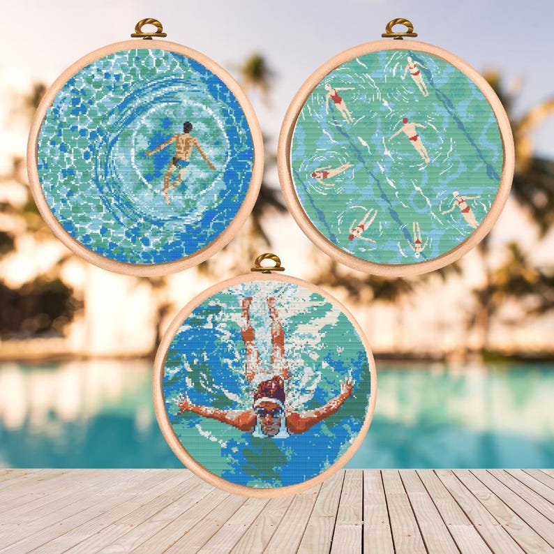 Summer Pool & Swimmer Cross-stitch Patterns - 7 Piece Water Embroidery ...