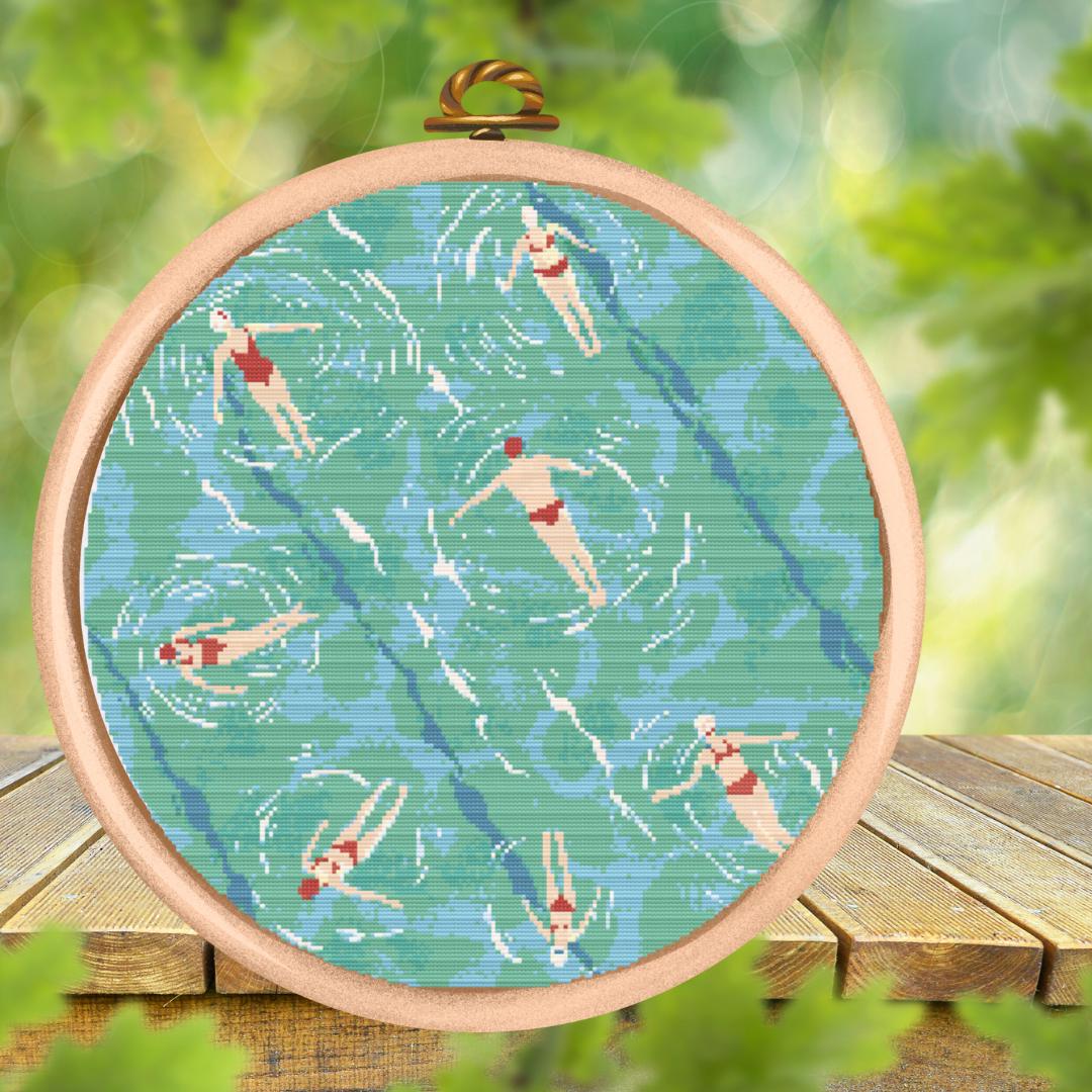 Swimmers in a Pool Cross Stitch Pattern - Simple Beginner Embroidery ...