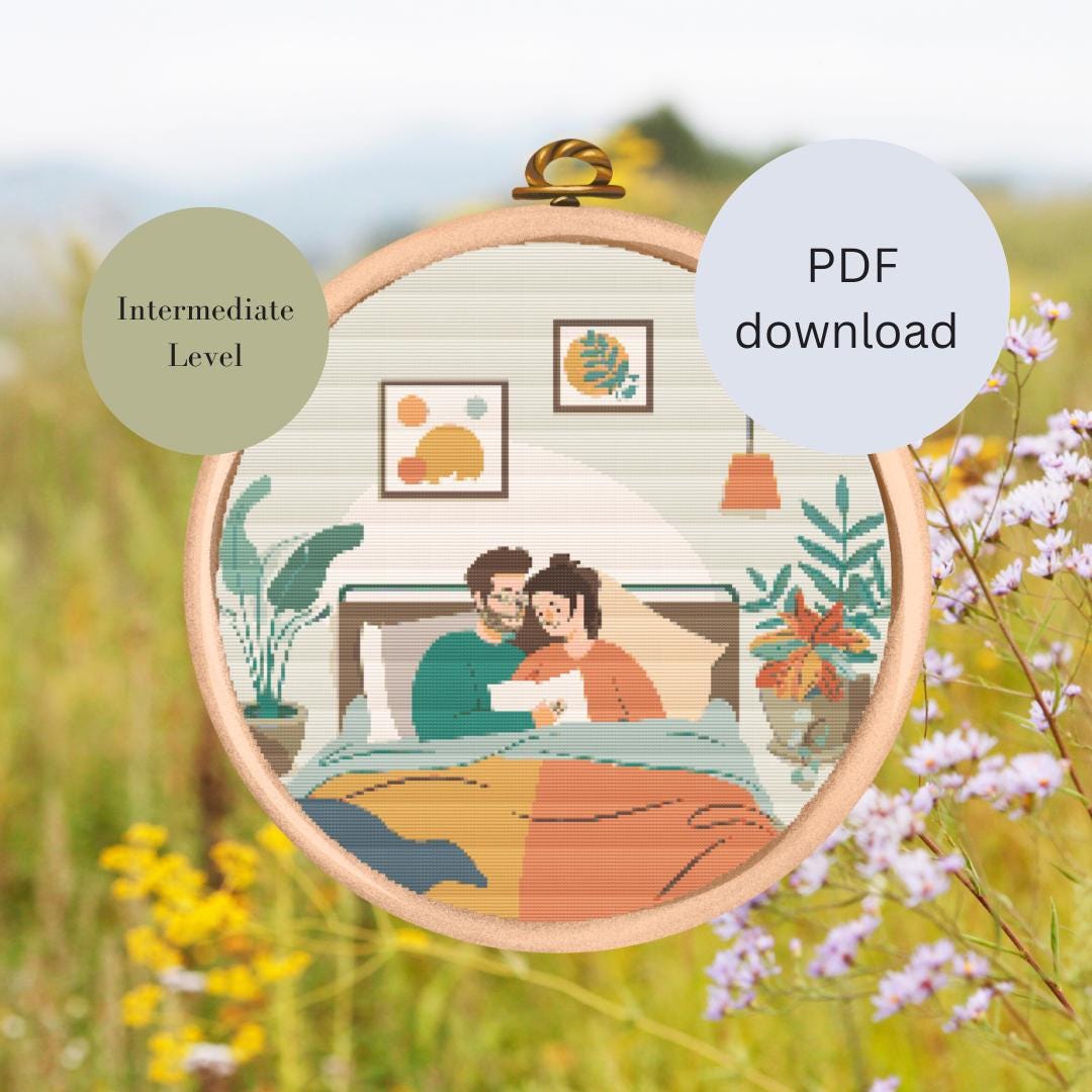Couple Reading in Bed Cross-stitch Pattern | Cozy Home Embroidery ...