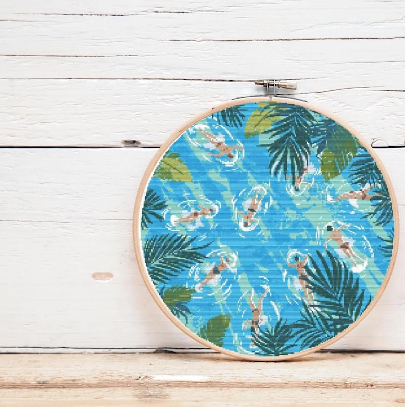 Summer Pool & Swimmer Cross-stitch Patterns - 7 Piece Water Embroidery ...