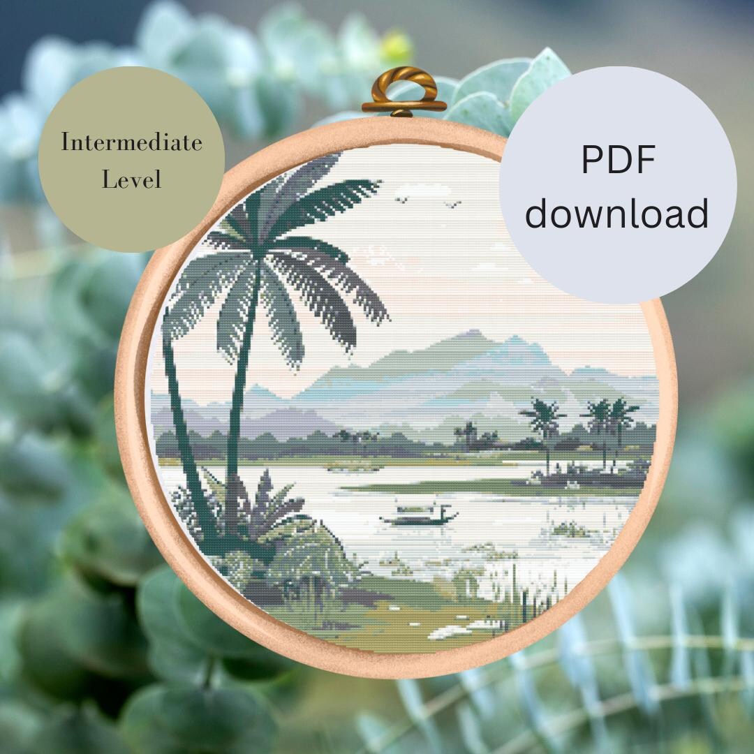 River in Vietnam Cross-stitch Pattern | Majestic Landscape Embroidery ...