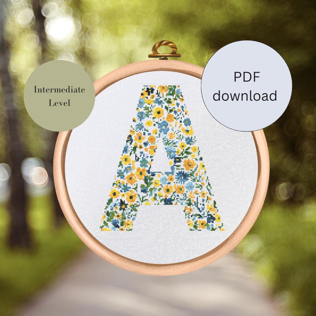 Flower Letter A Cross Stitch Pattern, Monogram A Cross Stitch, Initial ...