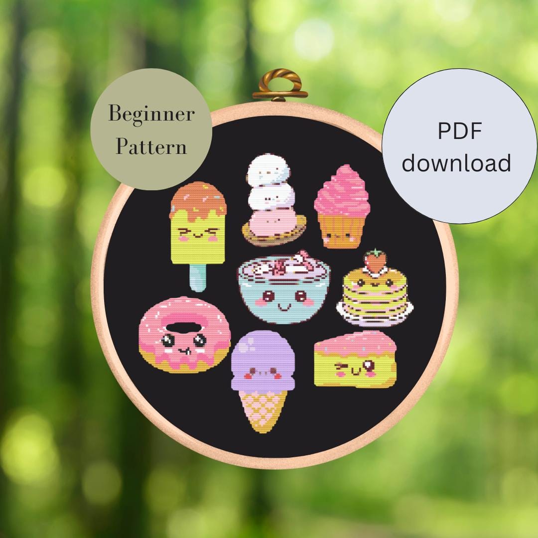 Kawaii Dessert Sweets Mini Cross Stitch Pattern, Counted Pattern, Cute ...