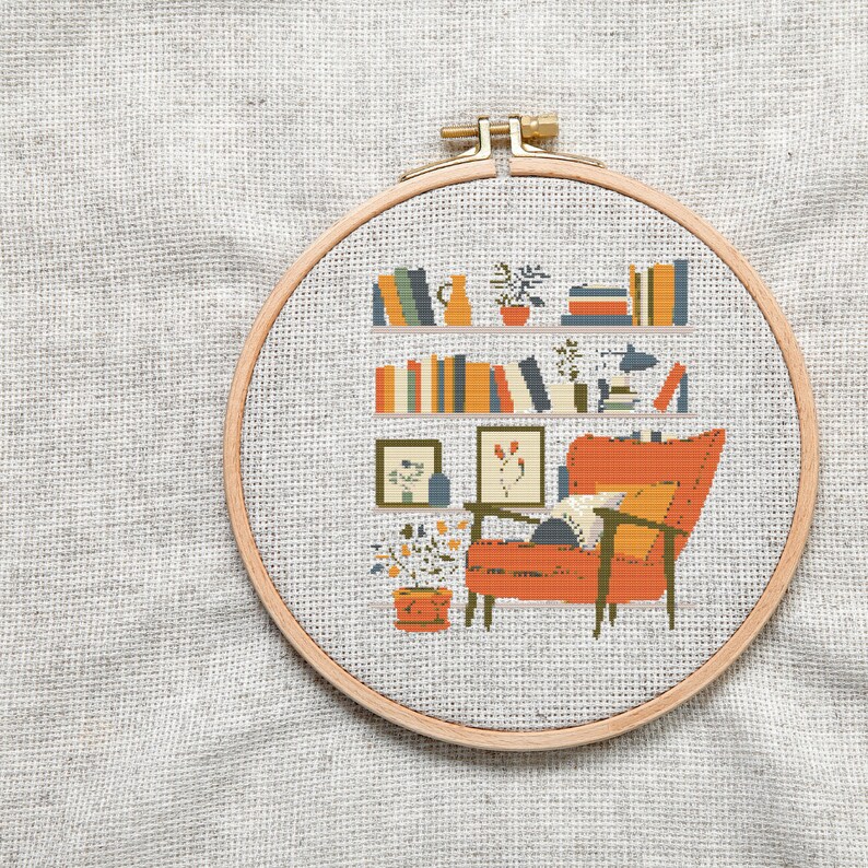 Cosy Living Room With Library Cross Stitch Pattern, Full Cover, PDF ...