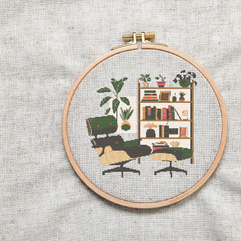 Midcentury Living Room With Library Cross Stitch Pattern, Full Cover ...