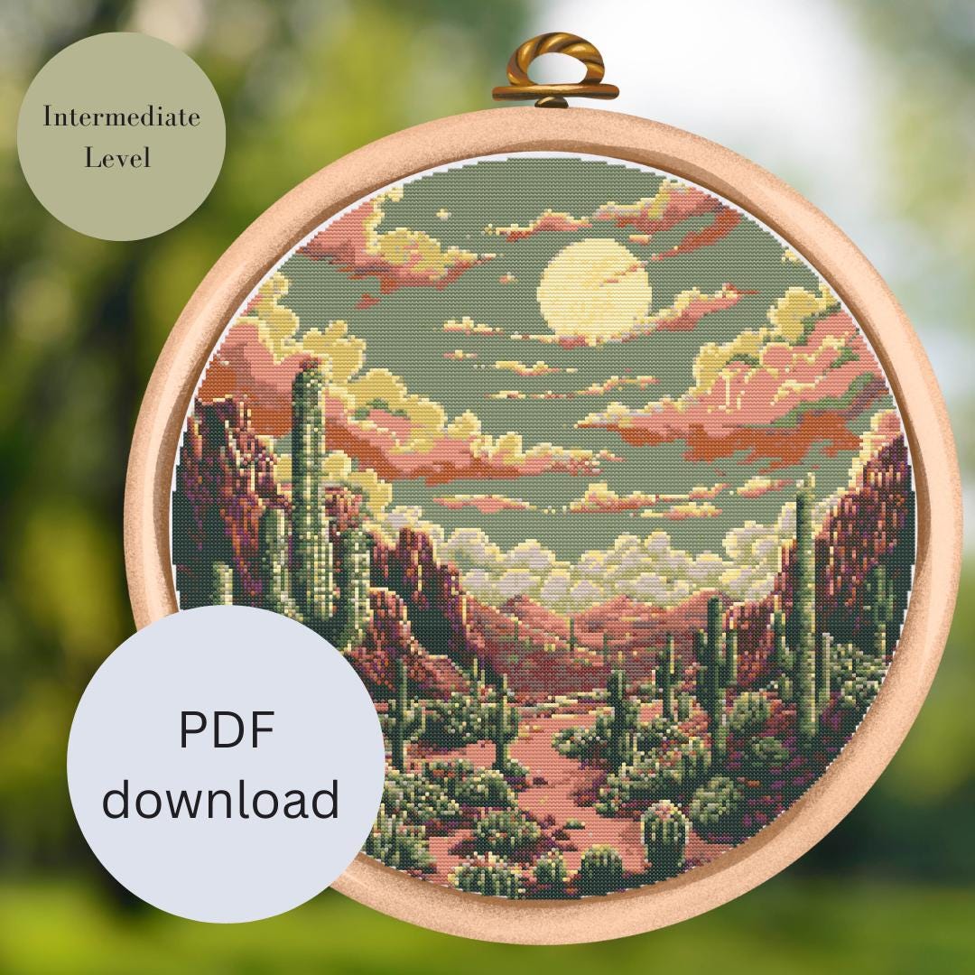 Landscape Desert Cactus Cross Stitch Pattern, Southwestern Embroidery ...