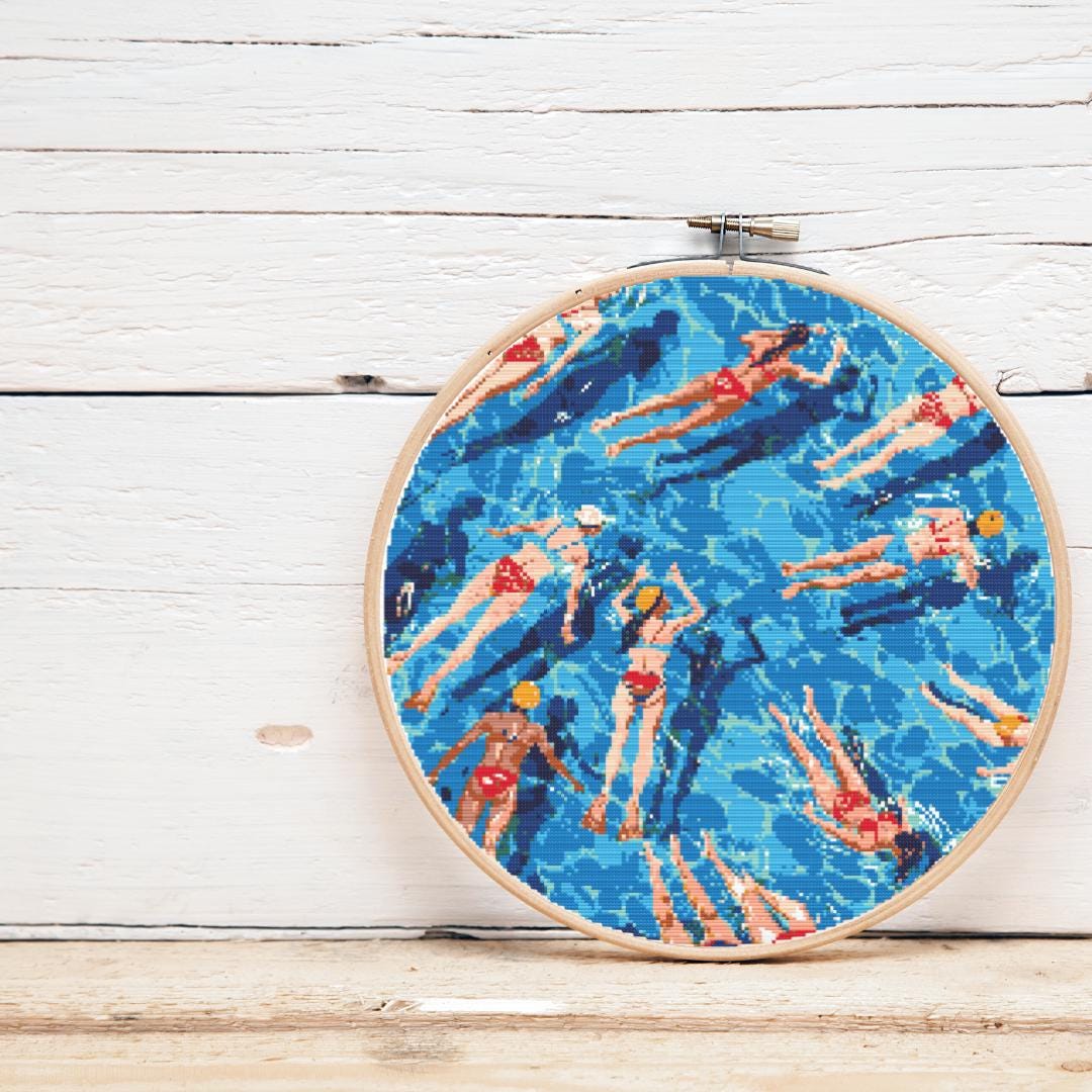 Swimmers in a Pool Cross Stitch Pattern - Simple Beginner Embroidery ...