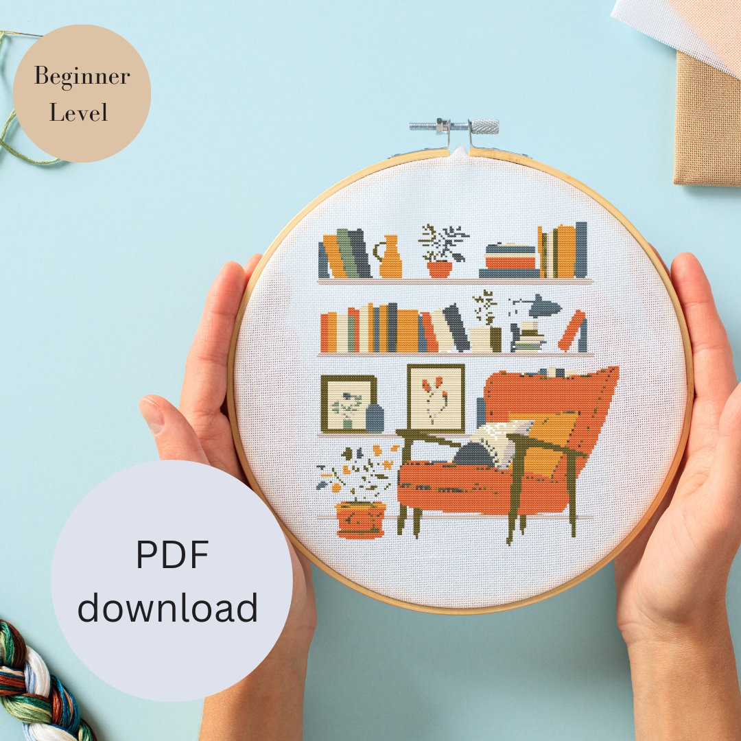 Cozy Living Room With Library Cross Stitch Pattern, Full Cover, PDF ...