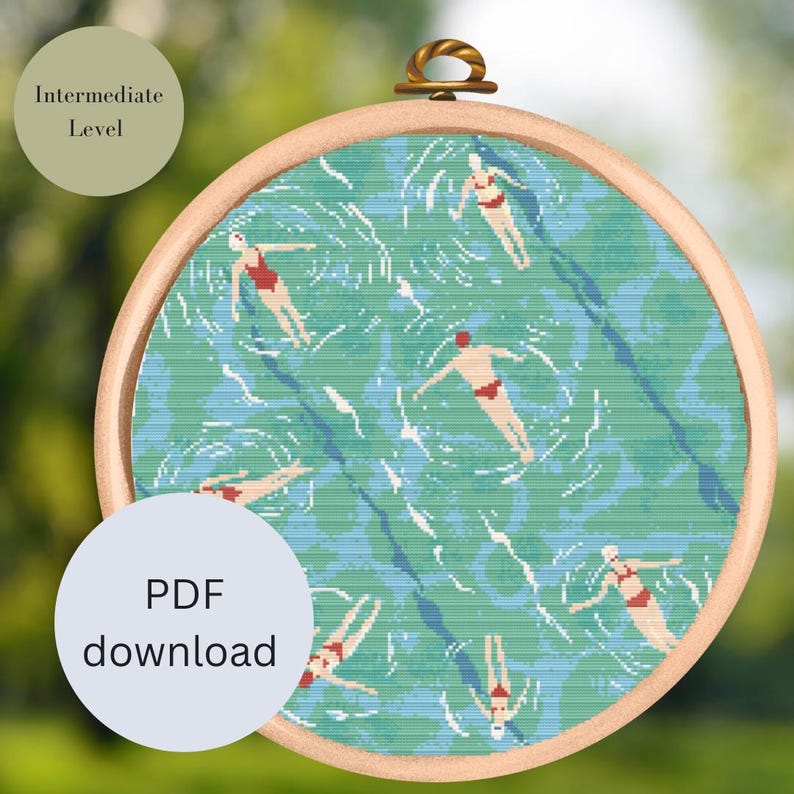 Swimmers in a Pool Cross Stitch Pattern - Simple Beginner Embroidery ...