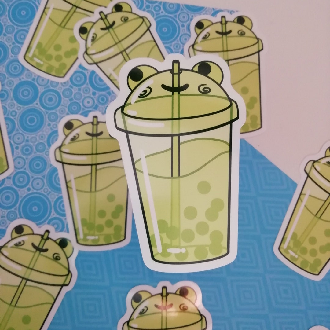 Cute Green Frog Bubble Tea Vinyl Sticker // Cute Boba Frog ...