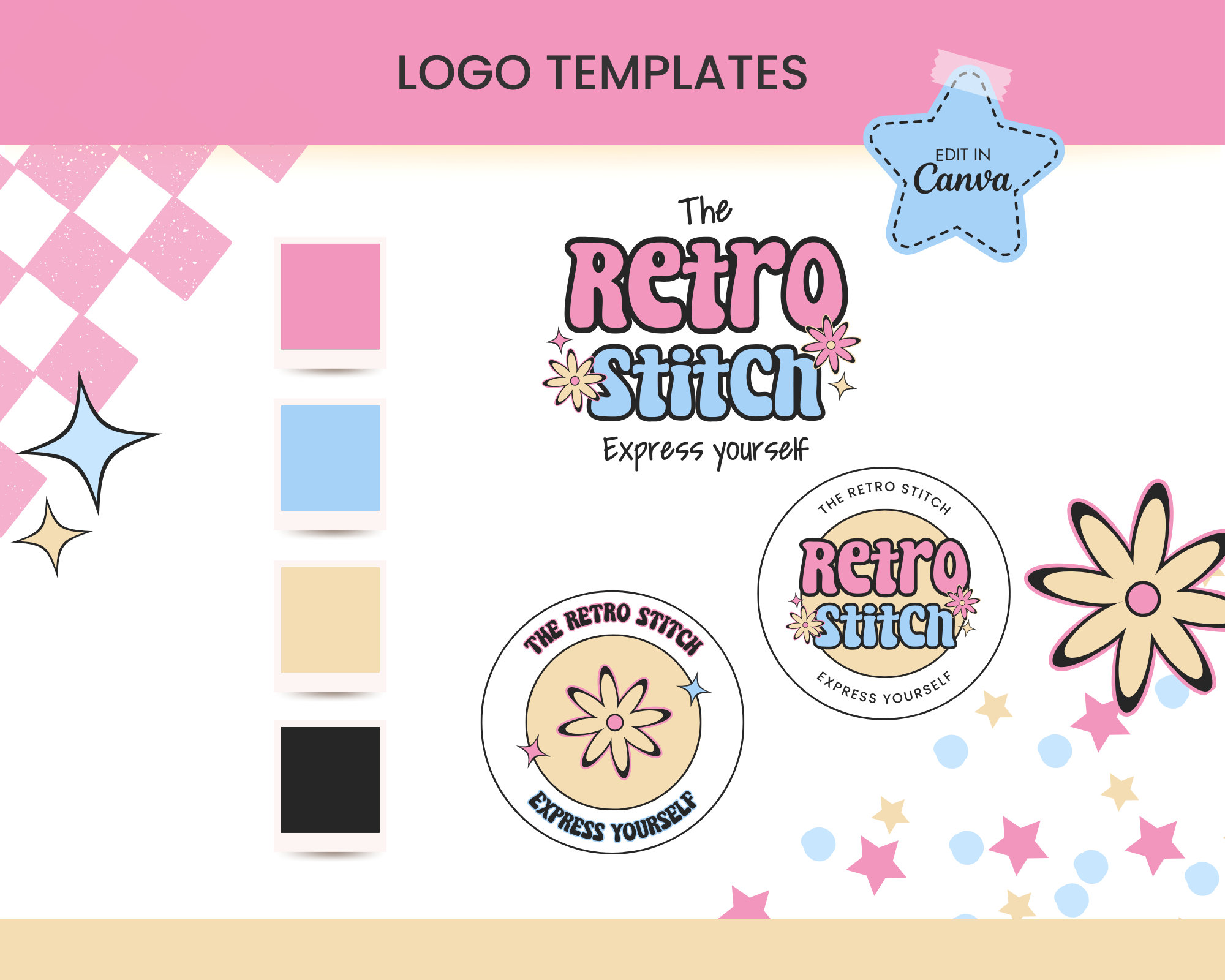 Retro Stitch Logo Design Template Canva Retro Logo Templates Small ...