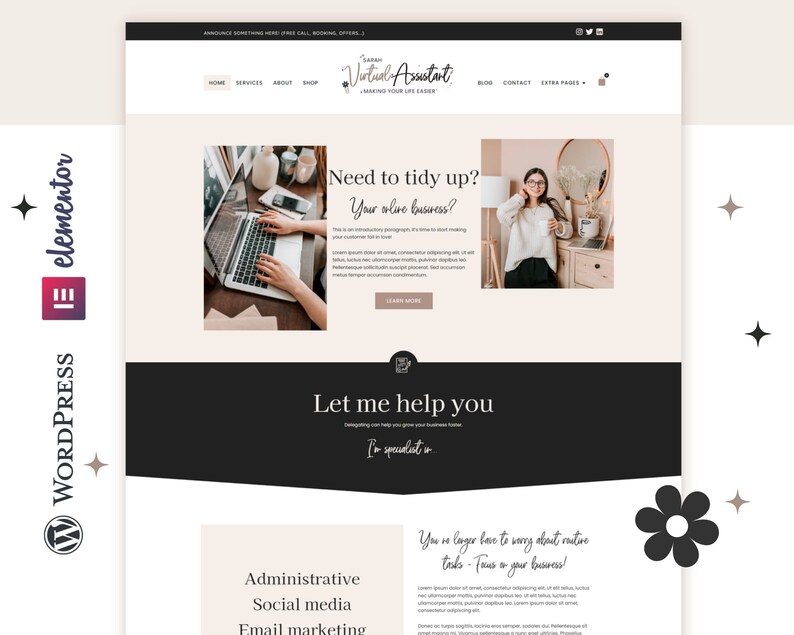 Sarah Virtual Assistant Wordpress Website Template Elementor Pro ...