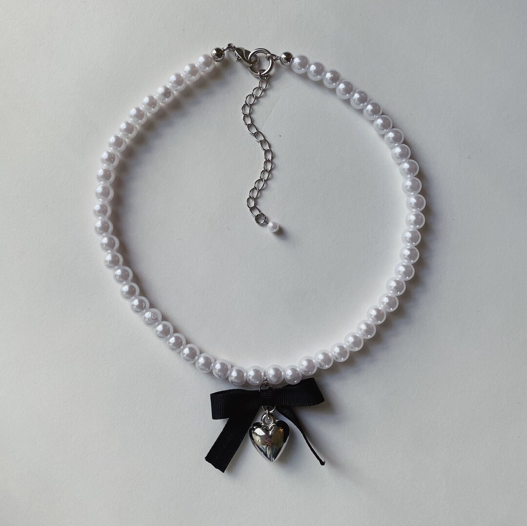 Nymphet Charm Necklace - Pearl Beaded Necklace With Black Ribbon Bow ...