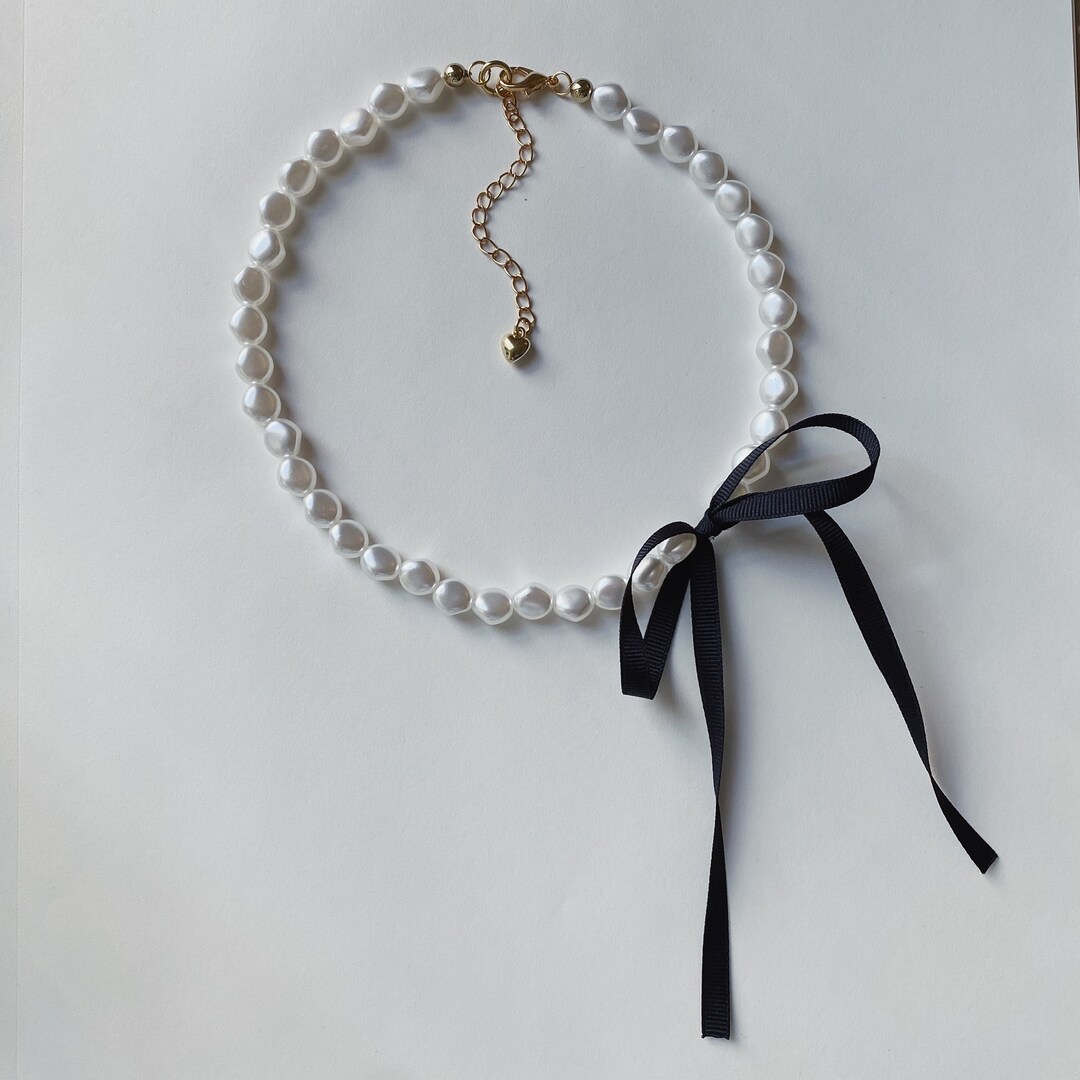 Siren Pearl Necklace With Black Ribbon Bow - Etsy