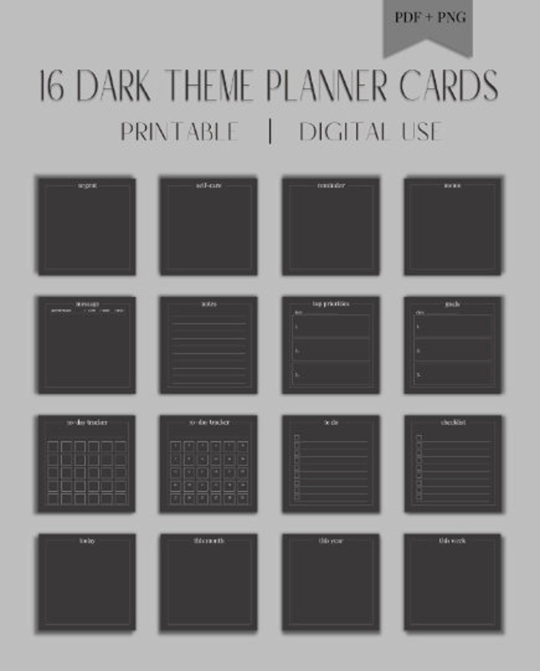 PLANNER CARDS | Dark Theme Planner Cards | Printable Planner Cards ...