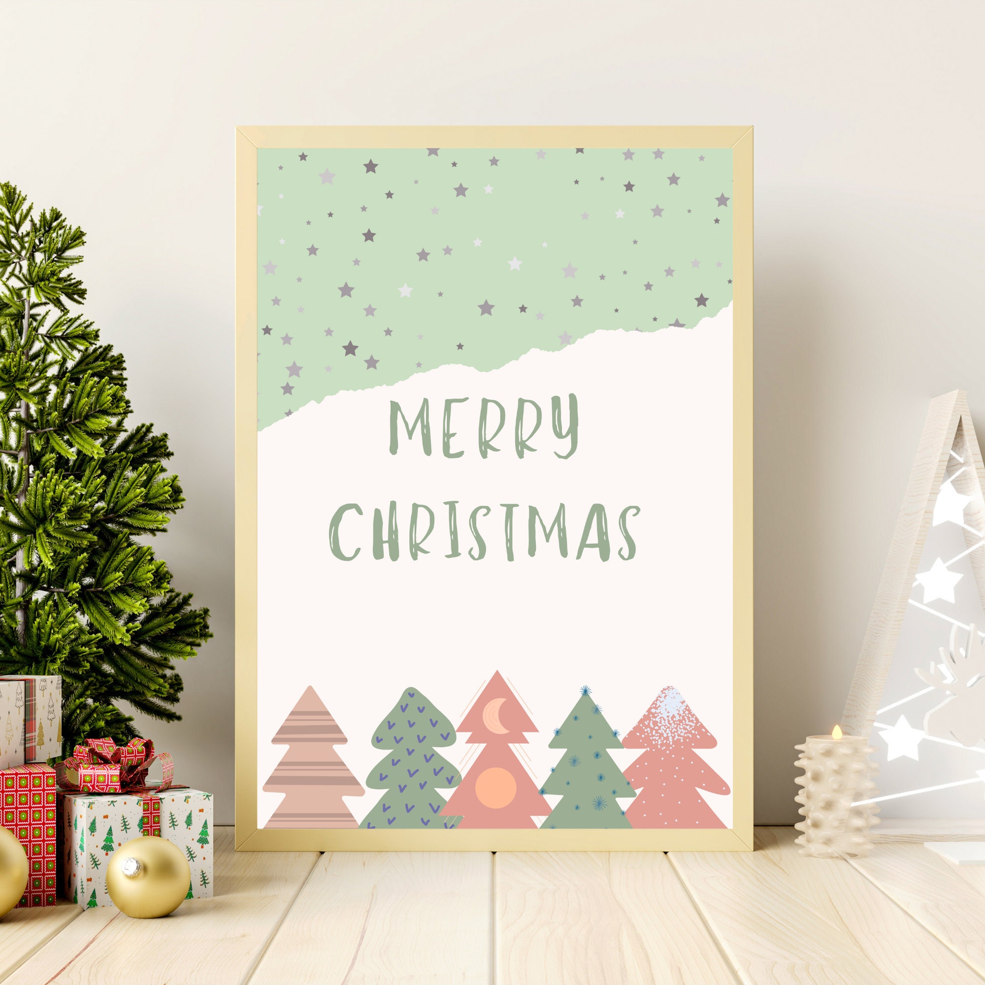 Christmas Wall Art Printable, Boho Christmas Decor, Modern Blush Pink ...
