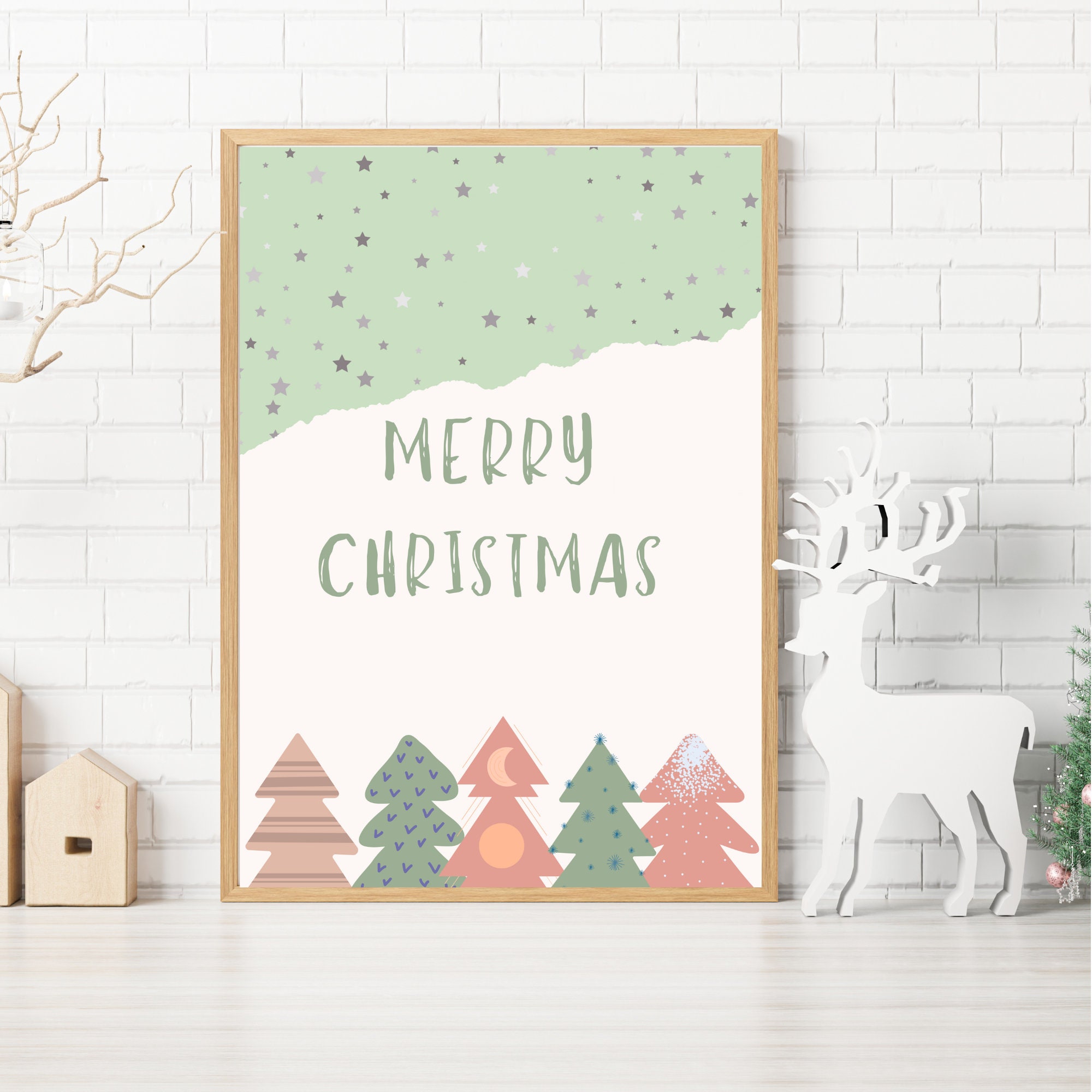 Christmas Wall Art Printable, Boho Christmas Decor, Modern Blush Pink ...