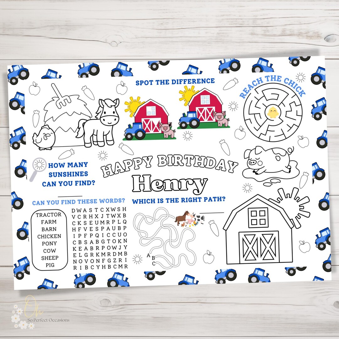 Farm Themed Personalised Activity Sheet | Birthday Party Placemat ...