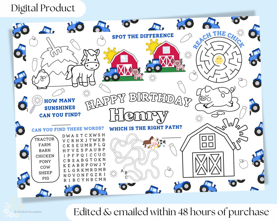 Farm Themed Personalised Activity Sheet Birthday Party Placemat ...