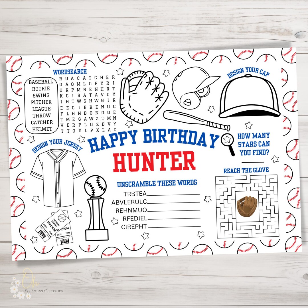 Baseball Themed Personalised Activity Sheet | Birthday Party Placemat ...