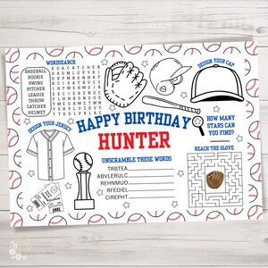 Baseball Themed Personalised Activity Sheet | Birthday Party Placemat ...