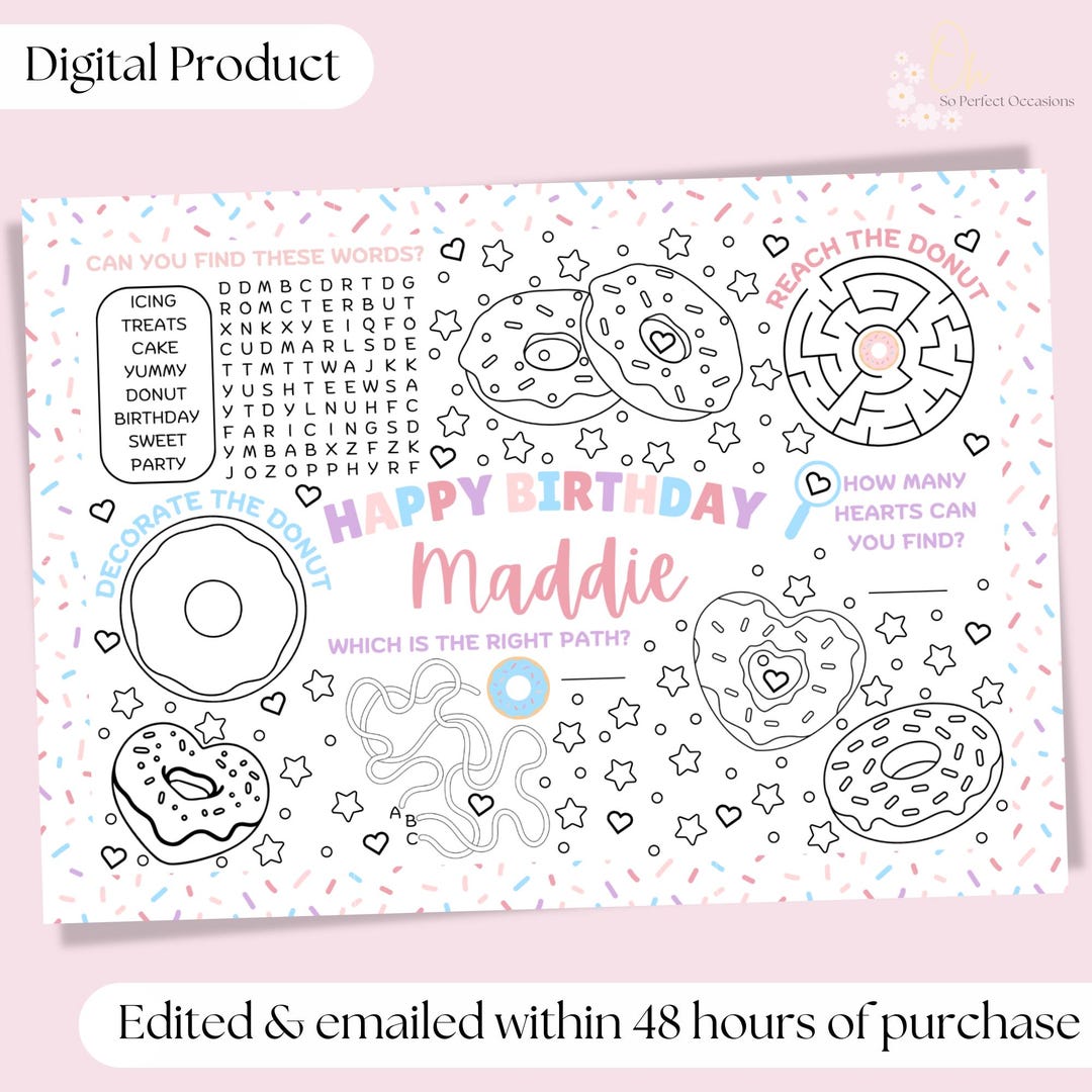 Donut Themed Personalised Activity Sheet Birthday Party Placemat ...