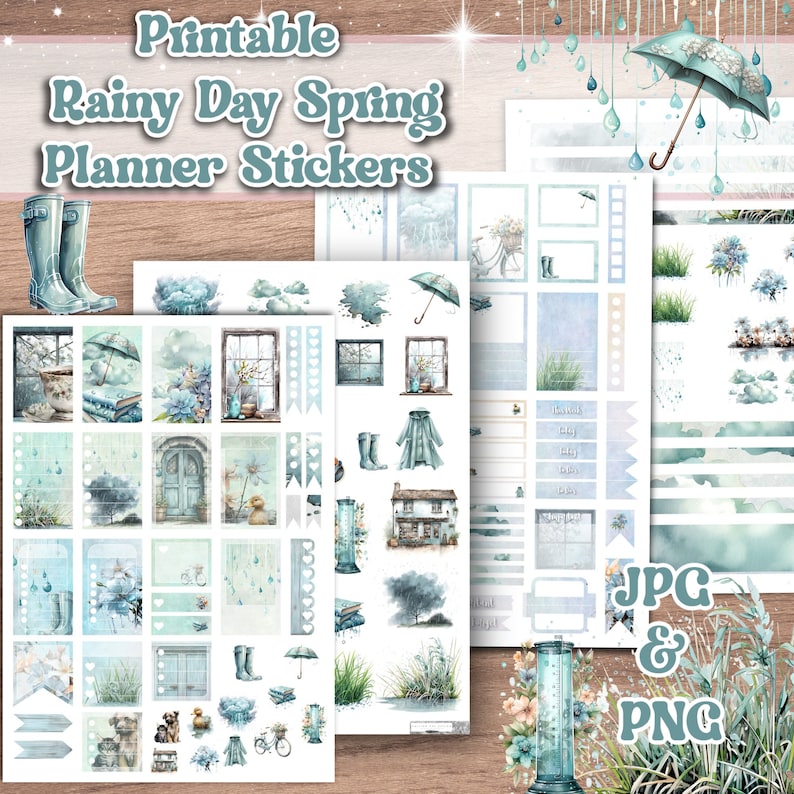 Printable Spring Stickers - Rainy Day Planner Spread - Etsy
