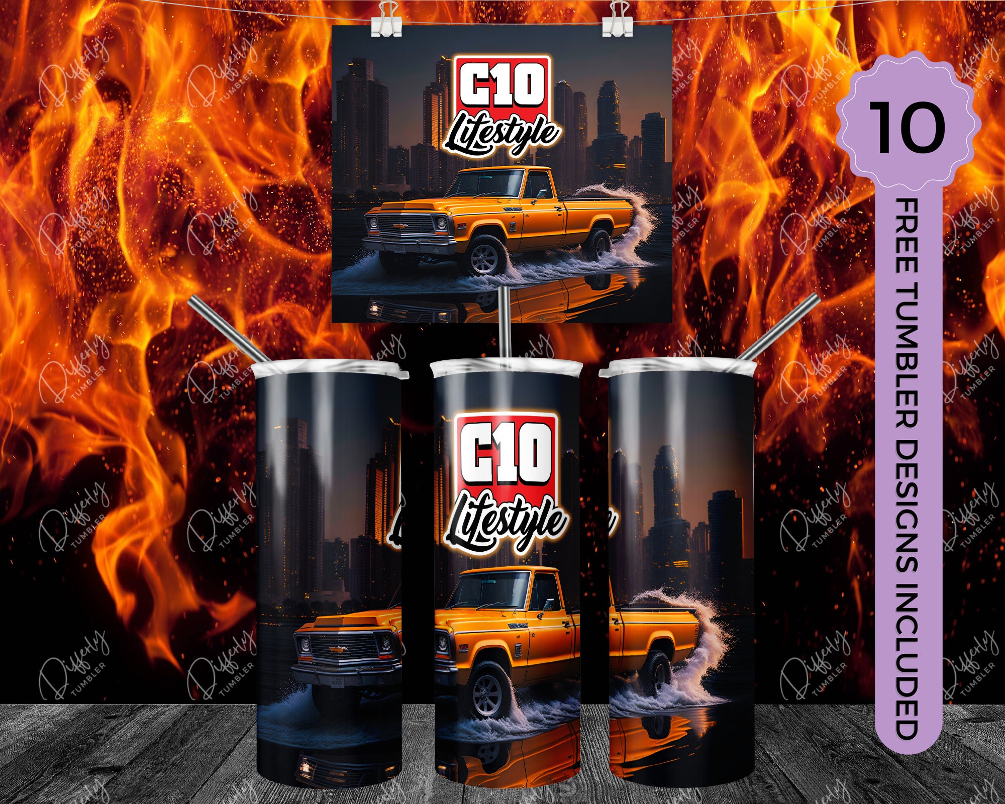 1972 Chevrolet C10 20oz Skinny Tumbler Wrap Sublimation Design, Orange ...