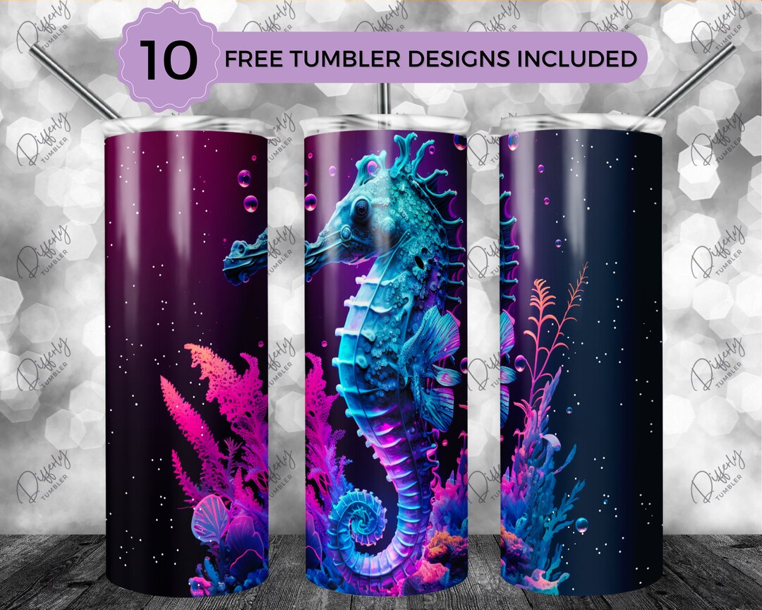 Neon Seahorse 20oz Skinny Tumbler Wrap Sublimation Design, Neon Glow ...