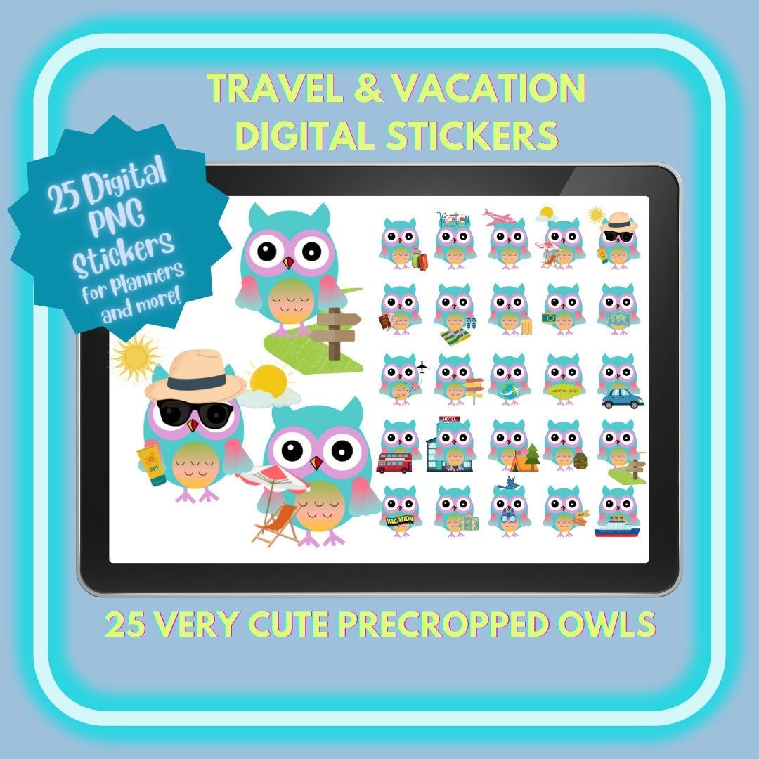 Travel Vacation Digital Sticker Mega Bundle | Owl Sticker Set| Cute Owl ...