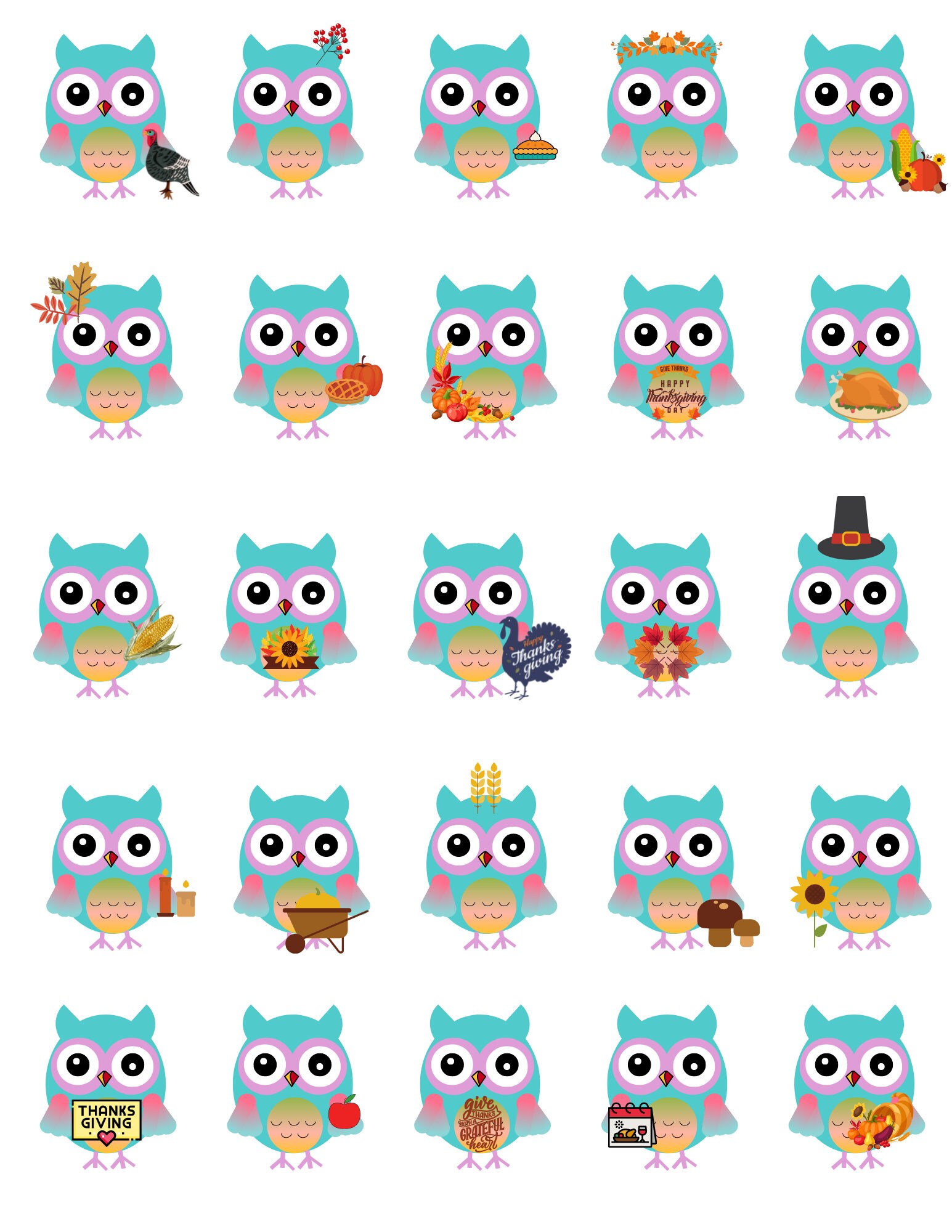 Thanksgiving Digital Owl Stickers | Digital Owl Stickers | Thanksgiving ...