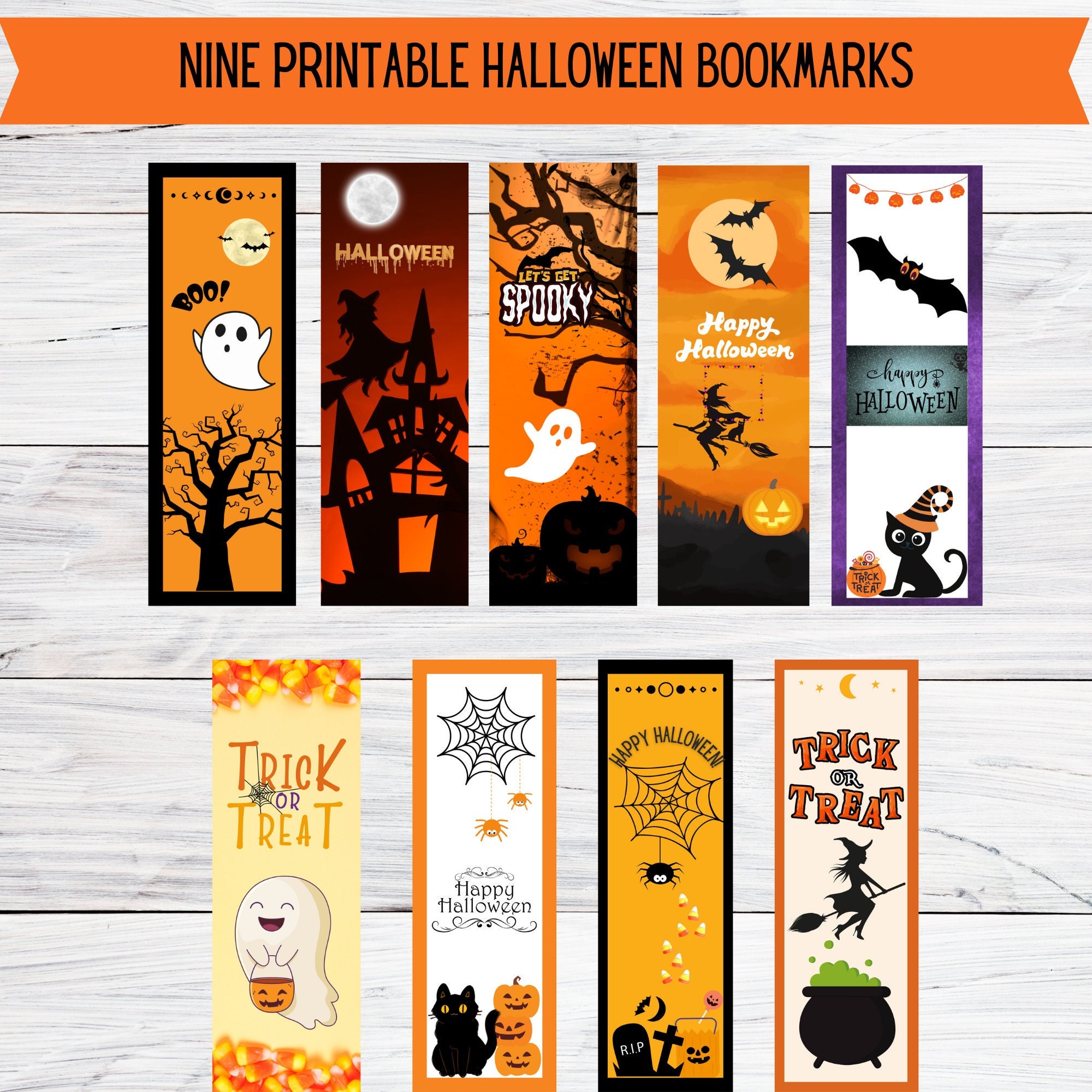 Set of 9 Halloween Bookmarks, Halloween Bookmarks, Digital Bookmarks to ...