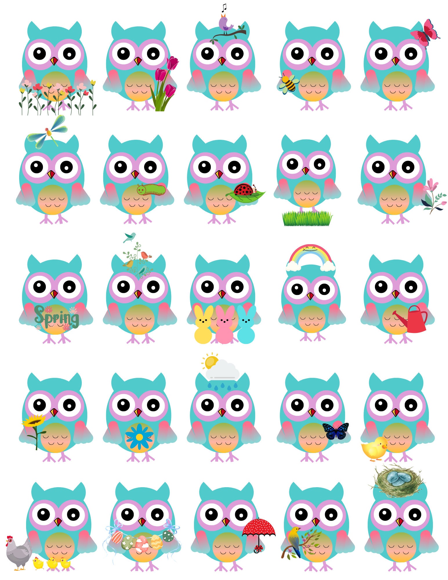 25 Spring Digital Stickers for Digital Planners Digital Owl Stickers ...