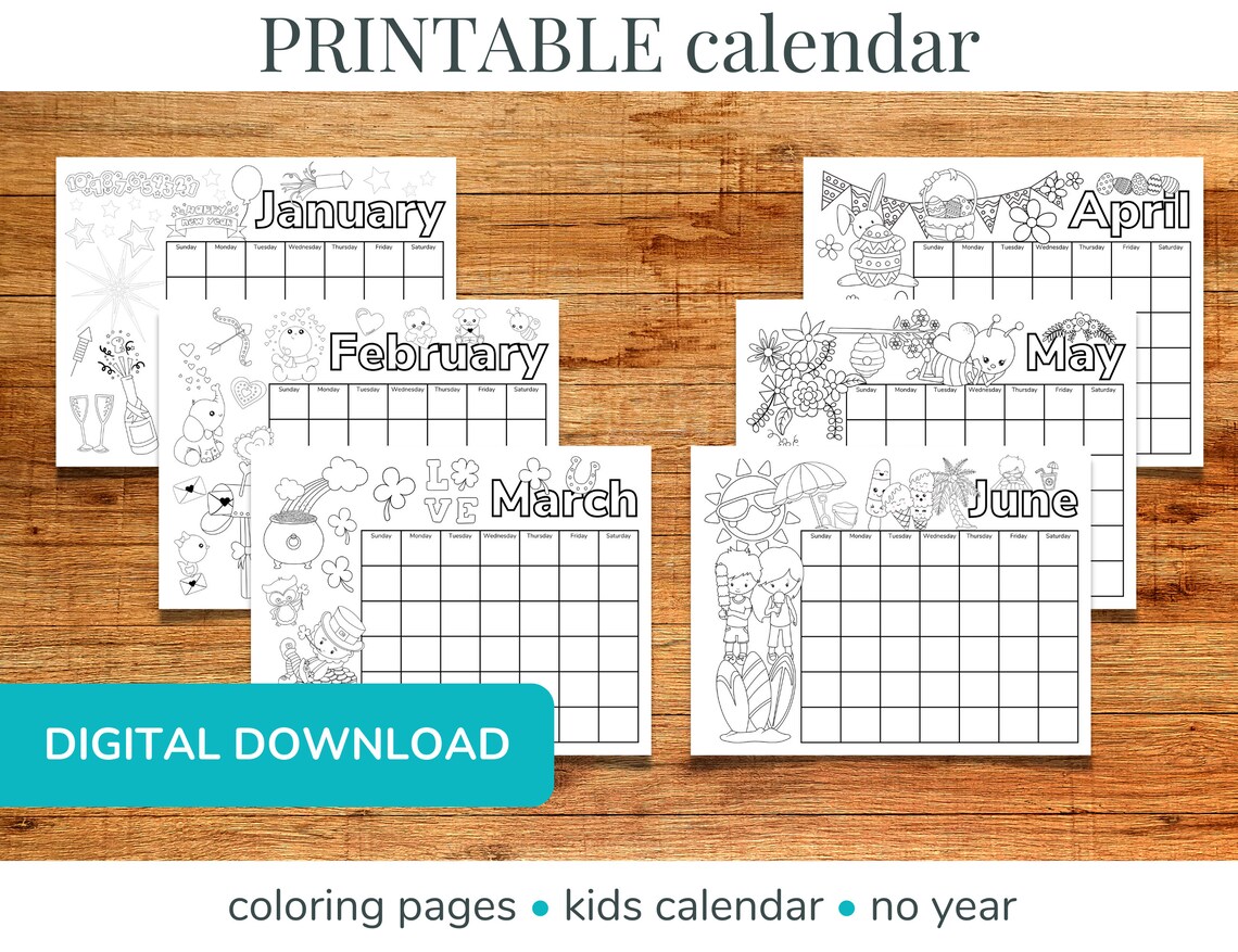Coloring Calendar for Kids Printable Perpetual Calendar for - Etsy