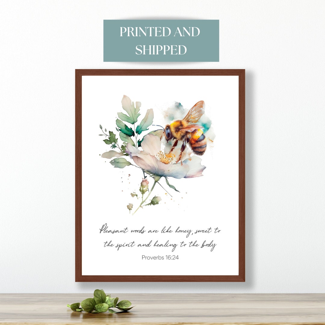 Scripture Home Decor Honey Bee Wall Art Printed Poster Christian Floral ...