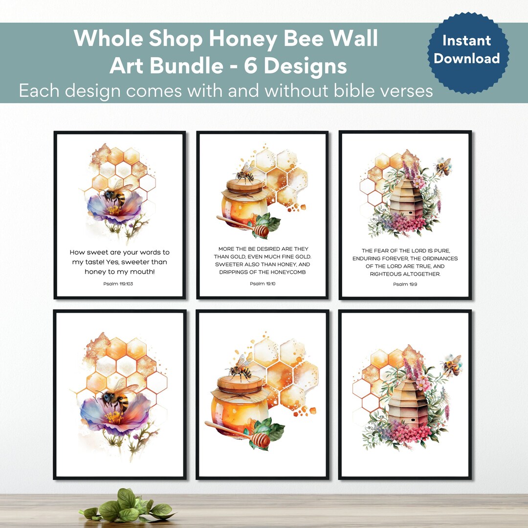Wall Art Bundle Honey Bee Bible Verse Home Decor Floral Christian Art ...