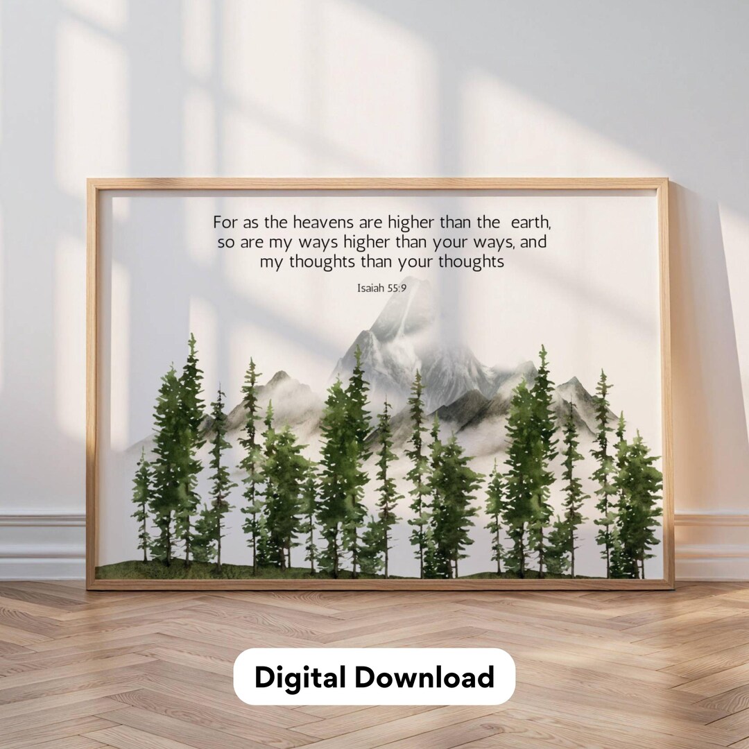 Christian Wall Sign Mountains Forest Bible Verse Print Watercolor ...