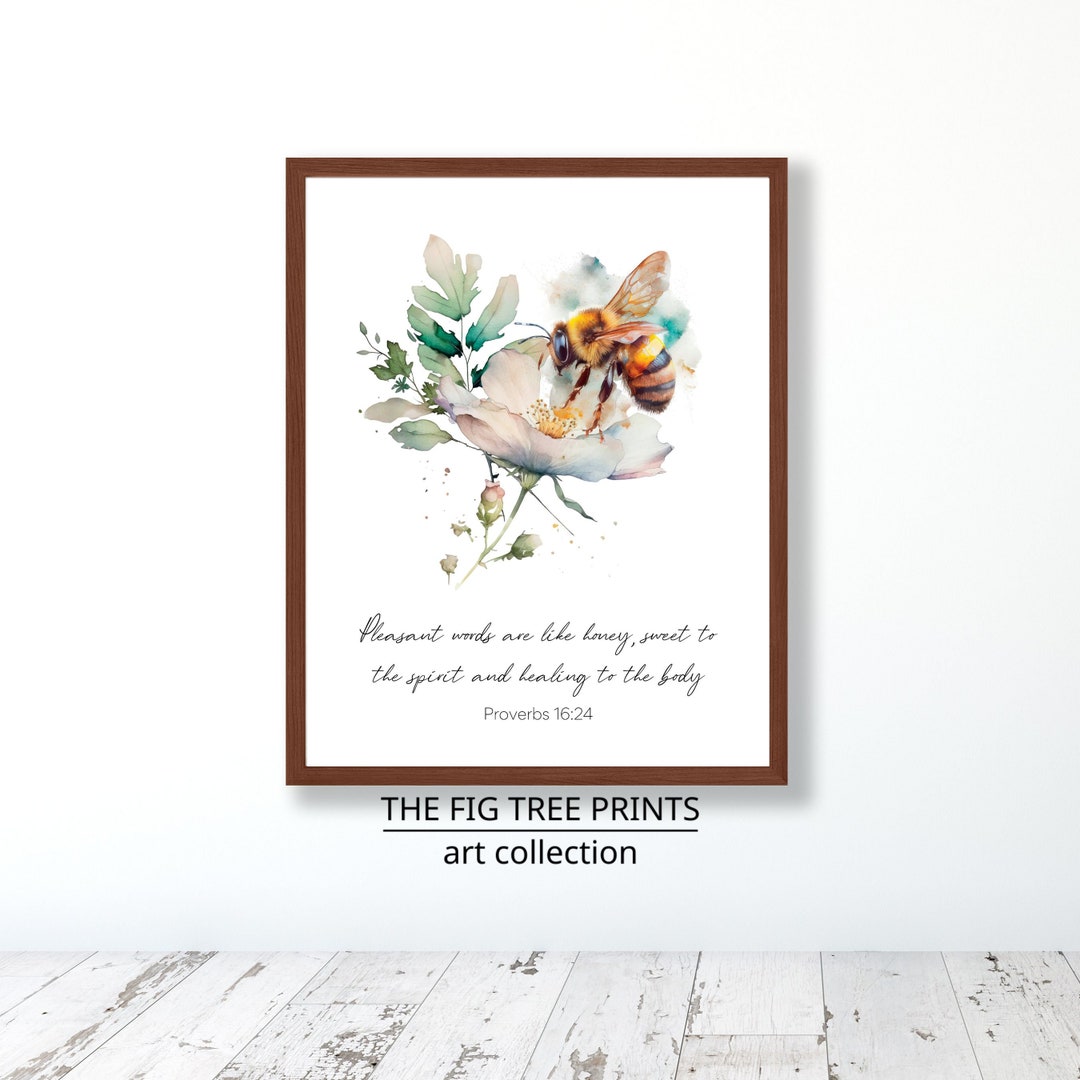 Honey Bee Poster Christian Wall Art Bible Verse Bumble Bee Floral ...