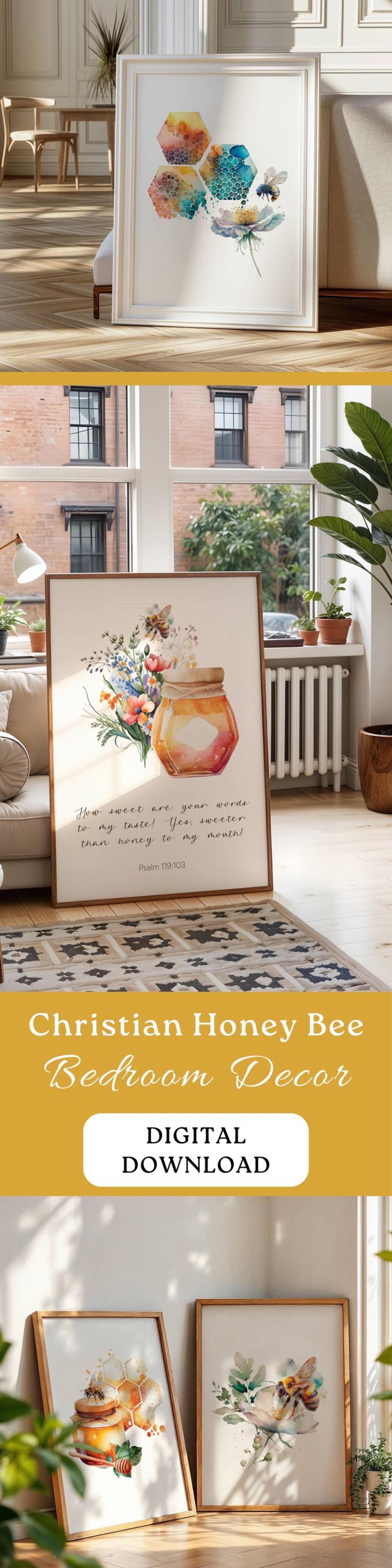 Honey Bee Bible Verse Poster Nature Honeybee Floral Wall Art Bumble Bee ...