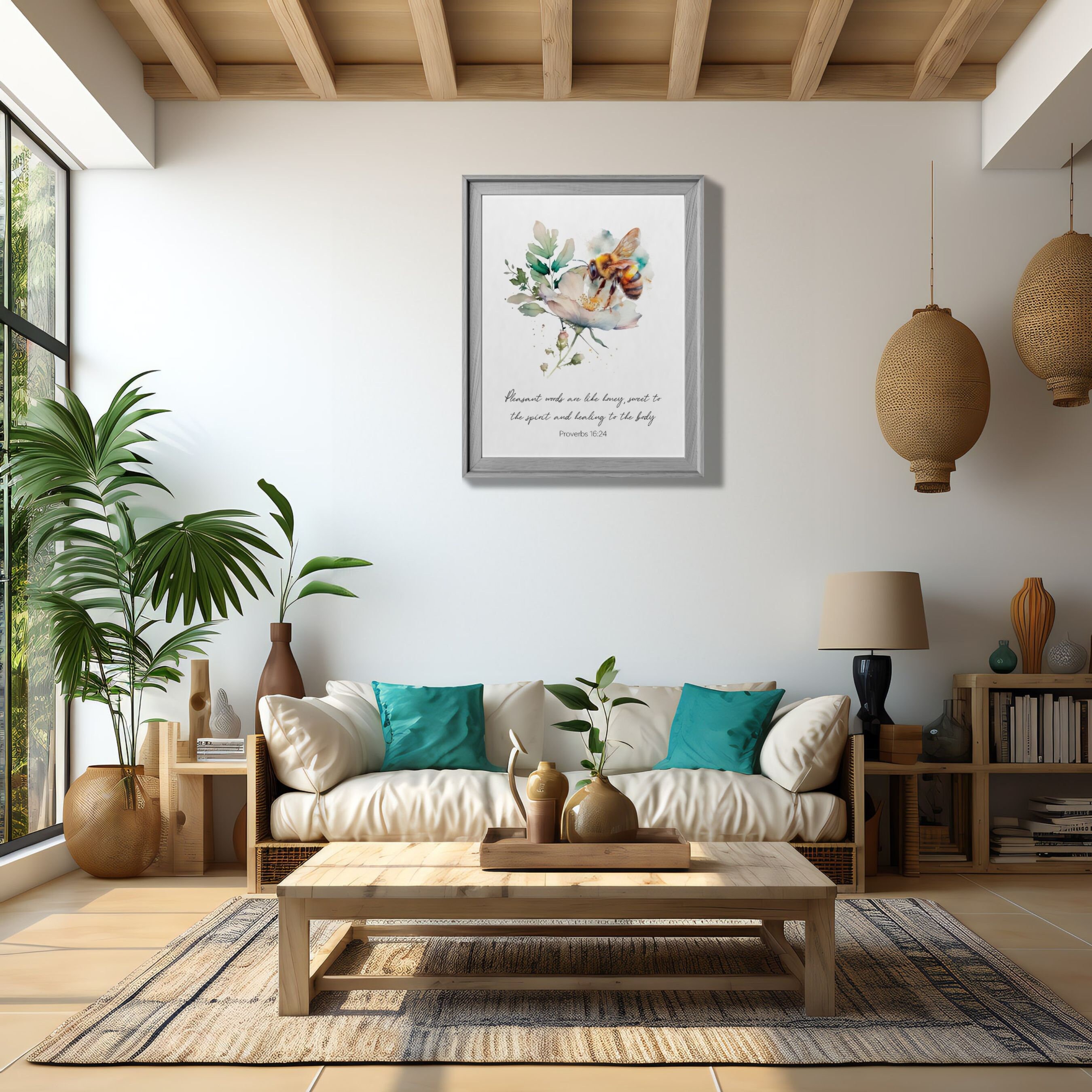 Scripture Home Decor Honey Bee Wall Art Printed Poster Christian Floral ...
