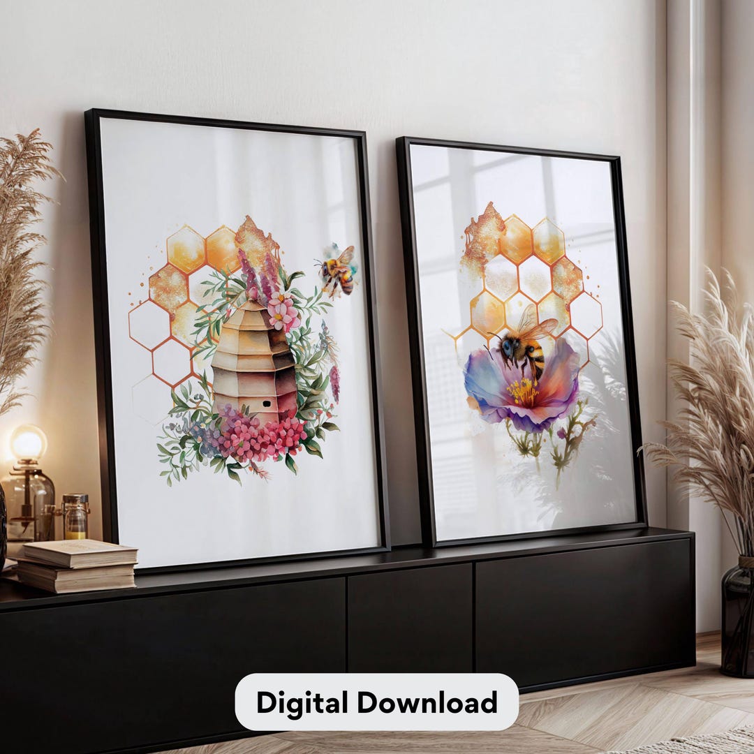 Honey Bee Wall Art Set of 2 Floral Bee Nest Poster Honeycomb Garden ...