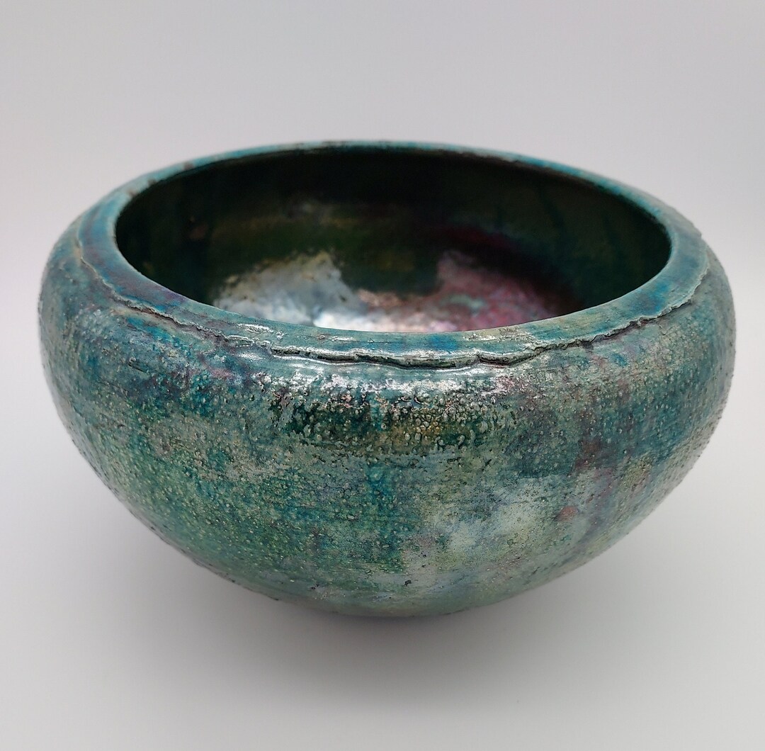 Raku Art Pottery Bowl Signed Iridescent Glaze Aqua Blues, Greens, and ...