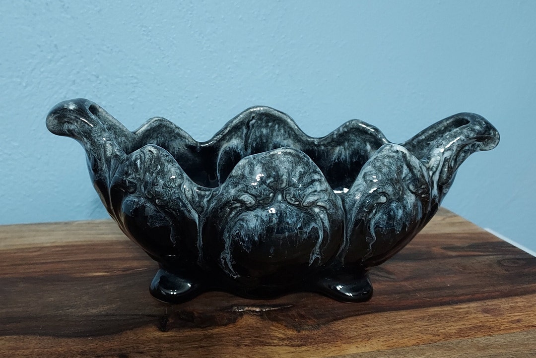 Vintage Black Drip Glazed Hull Planter With Scalloped Edges - Etsy