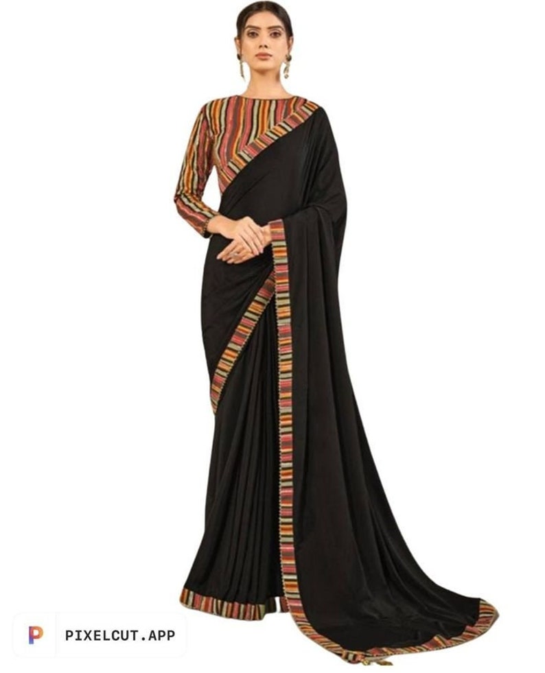 Black Satin Silk Saree With Multi Colour Blouse Piece - Etsy
