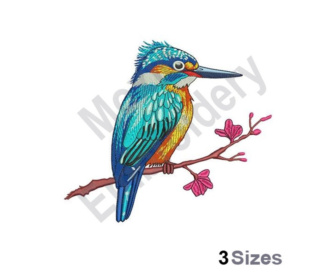 Kingfisher - Machine Embroidery Design - 3 Sizes, Bird on Flowering ...