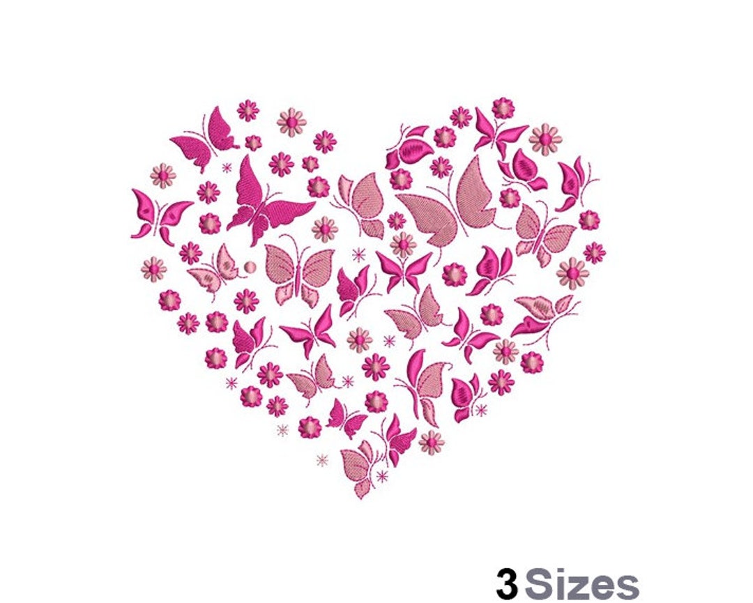 Butterflies & Flowers Heart - Machine Embroidery Design - 3 Sizes ...