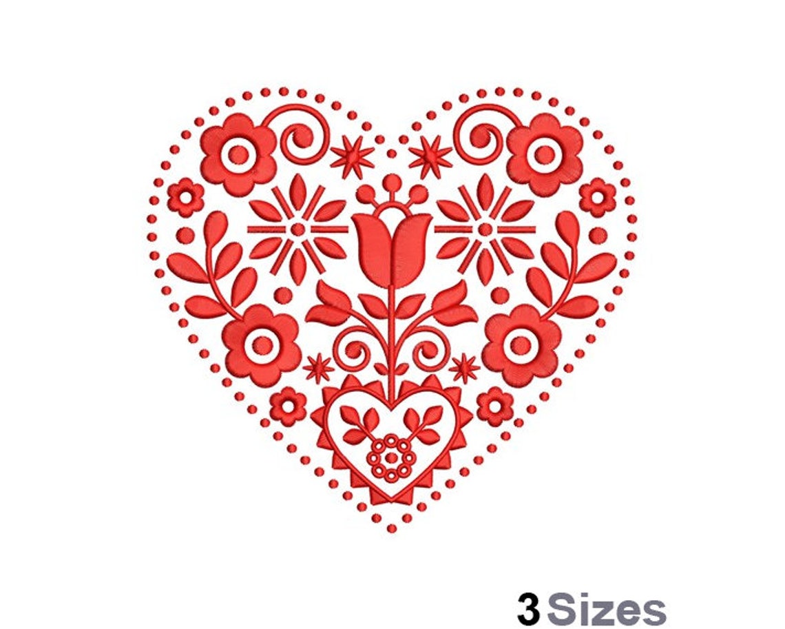 Folk Art Heart - Machine Embroidery Design - 3 Sizes, Valentines Floral ...