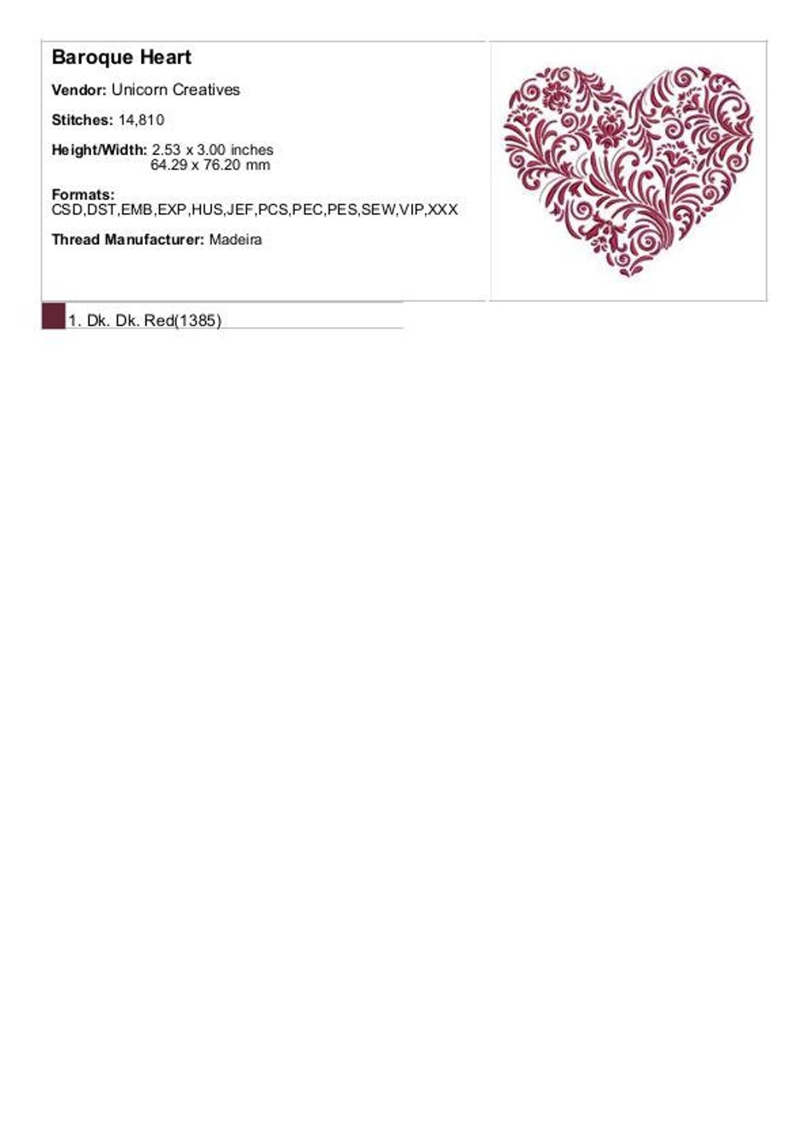Baroque Heart - Machine Embroidery Design - 3 Sizes, Decorated Floral ...