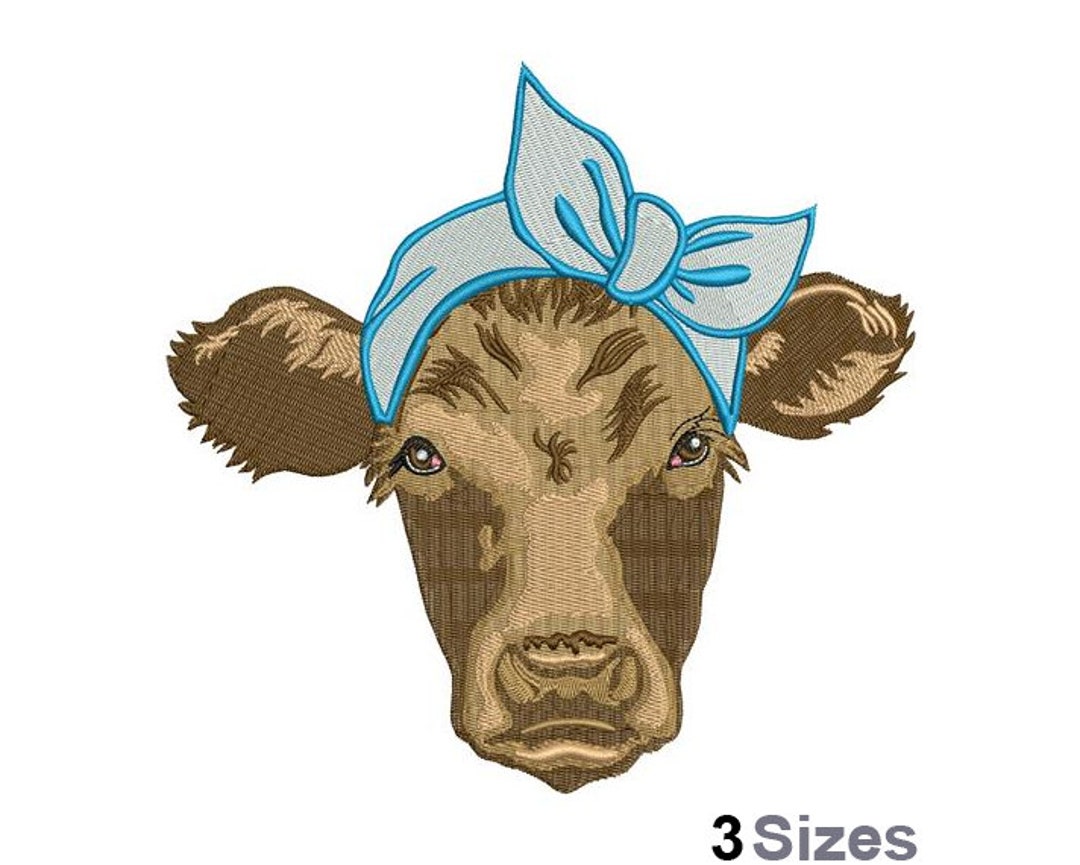 Cow With Blue Bow Bandana - Machine Embroidery Design - 3 Sizes, Cow ...